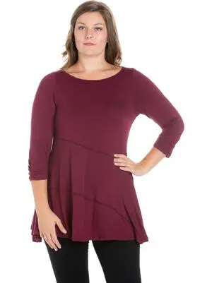 24SEVEN COMFORT APPAREL Ruched Sleeve Swing Tunic Top - Wine