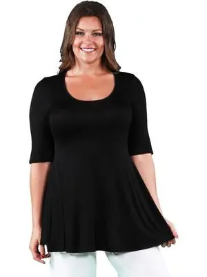 24SEVEN COMFORT APPAREL Elbow Sleeve Swing Tunic Top - Black