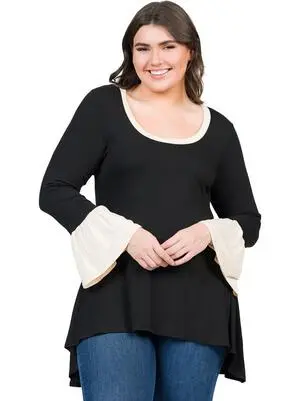 24SEVEN COMFORT APPAREL Color Block Bell Sleeve Hi-low Tunic Top - Black