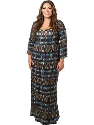 24SEVEN COMFORT APPAREL Geometric Print Empire Waist Maxi Dress - Multi