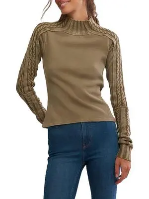 Free People Cable Knit Mock Neck Top - Fossil Dune