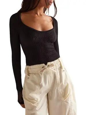 Free People Pointelle And Ribbed Knit Top - Black