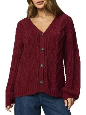 Splendid Harlow Hearts Rhinestone Cable Stitch Cardigan - Cherry On Top Red