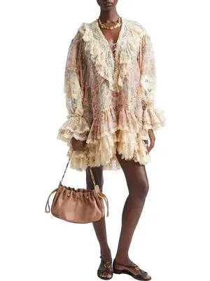 Zimmermann Rebellion Linen & Silk Lace-up Minidress - Tan Floral