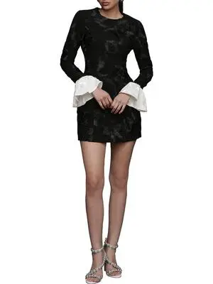 Avec Les Filles Floral Soutache Long Sleeve Minidress - Black And Pearl