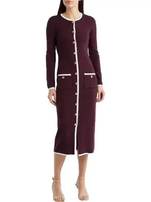 ZOE AND CLAIRE Long Sleeve Knit Midi Dress - Plum/ivory