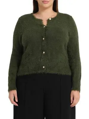 ESTELLE Camille Fuzzy Crewneck Cardigan Olive