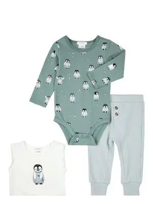 PETIT LEM Baby Penguin Print 3-piece Bodysuits & Rib Joggers Set - Green/blue/off White