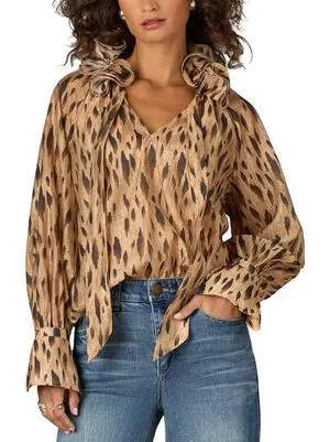 Wit & Wisdom Wired Ruffle Animal Print Top - Caramel Latte/charcoal Multi