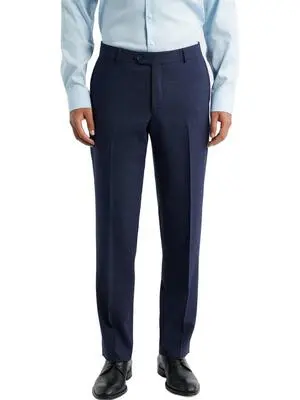 Berle Saxony Trim Fit Flat Front Thatch Weave Wool Blend Dress Pants - Navy