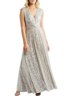 Eliza J Sequin Twist Front Gown - Silver