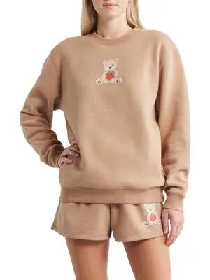 VINYL ICONS Teddy Bear & Strawberry Crewneck Sweatshirt - Tan