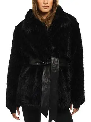Sam. Faux Fur Coat With Leather Trim - Black