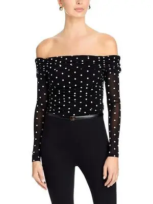 Aqua Off-the-shoulder Polka Dot Mesh Top - Black/white