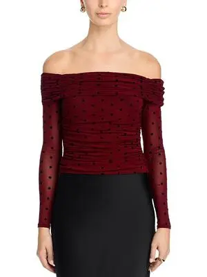 Aqua Off-the-shoulder Polka Dot Mesh Top - Burgundy/black