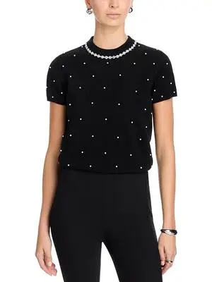 Aqua Faux Pearl Embellished Short Sleeve Sweater - Black