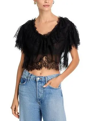 LoveShackFancy Vienne Lace Cropped Top - Black