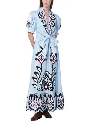 Farm Rio Embroidered Long Dress With Bow - Multicolor