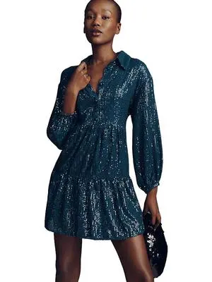Maeve The Bettina Sequin Tiered Mini Shirt Dress - Emerald Green