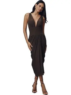 Black Halo Elara Sleeveless Deep-v Draped Midi Dress - Brown
