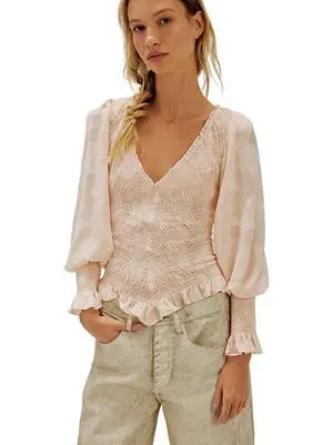 Free People Smocked Long-sleeve Top - Peach Dust Combo