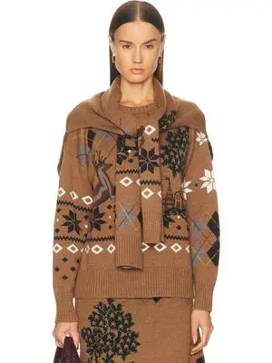Monse Fair Isle Crewneck Sweater With Detachable Shawl - Khaki