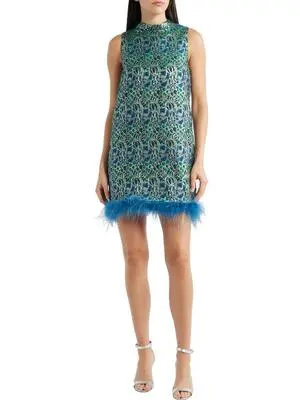 LUCY PARIS Alyssa Jacquard Feather Trim Minidress - Teal