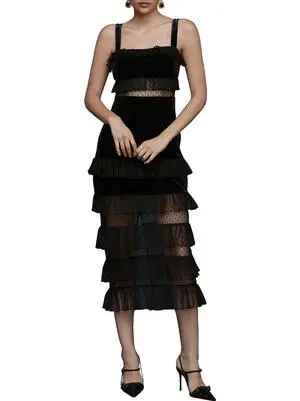 Avec Les Filles Tiered Ruffle Velvet Maxi Dress - Black