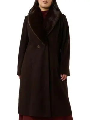 ESTELLE Double-breasted Coat With Removable Faux Fur Collar - Mocha