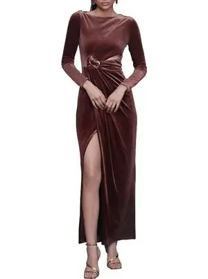 Avec Les Filles Pleated Cutout Velvet Maxi Dress - Chocolate Brown