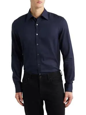 Canali Regular Fit Brushed Cotton Blend Herringbone Button-up Shirt - Navy