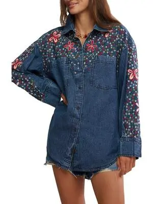 Free People Embroidered Denim Shirt - Rinse Wash