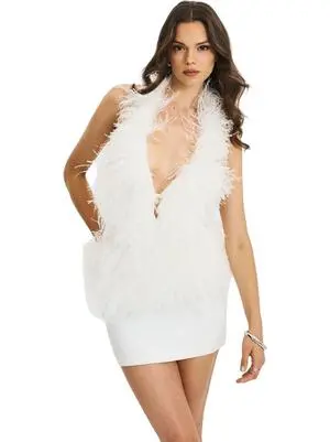 MISS CIRCLE Feathered Halter Mini Dress - White