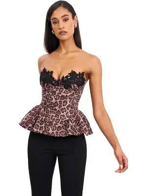 MISS CIRCLE Peplum Top With Lace Trim - Cheetah Print Brown
