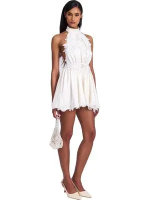 MISS CIRCLE Beaded Lace Trim Backless Halter Mini Dress - White