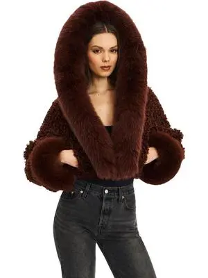 MISS CIRCLE Cropped Vegan Shearling Fur Hooded Jacket - Mahogany