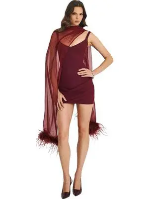 MISS CIRCLE Pleated Mini Dress With Chiffon Scarf - Wine