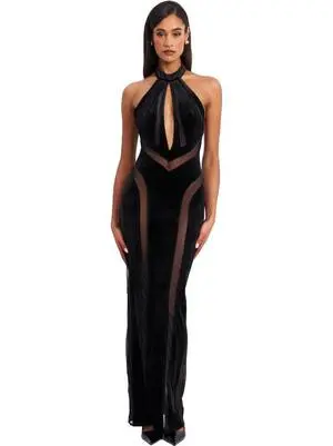 MISS CIRCLE Paityn Velvet Mesh Cutout Halter Gown - Black