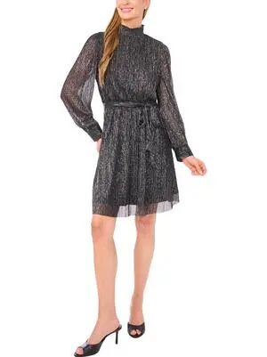 Halogen Metallic Long Sleeve Minidress - Black/silver