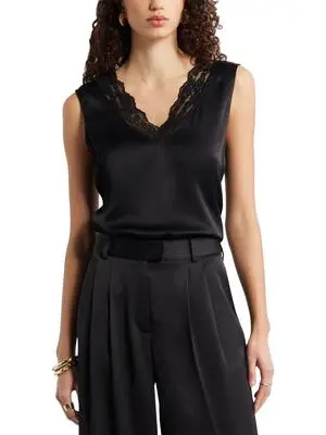 Nordstrom Lace Trim Satin Tank - Black