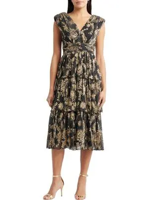 Vince Camuto Metallic Crinkle Midi Dress - Black/gold