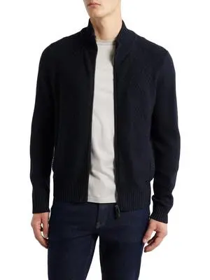 Canali Mock Neck Wool Zip Cardigan - Navy