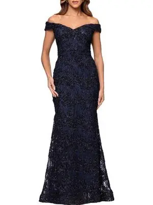 XSCAPE EVENINGS Sequin And Lace Off-the-Shoulder Gown