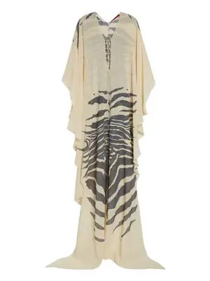 CONNER IVES Hand-painted Zebra Print Long Sleeve Silk Chiffon Caftan - Pebble