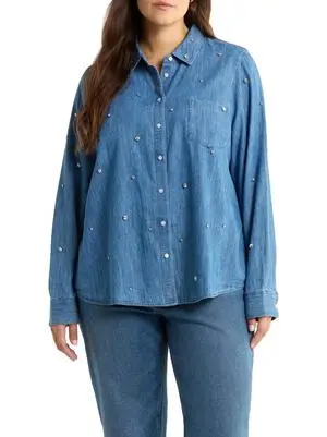 Caslon Crystal Embellished Chambray Shirt - Medium Wash