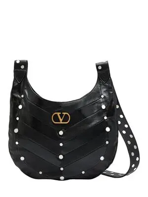 Valentino Garavani Logo-plaque Studded Chevron Leather Hobo Bag - Black