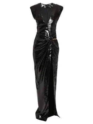 Balmain Plunging Sequined Chain Wrap Gown - Noir
