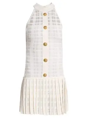 Balmain Button-front Tartan Knit Halter Mini Dress - Naturel