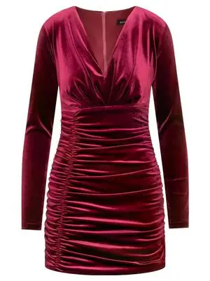 ACTUALEE Ruched Velvet Dress - Red