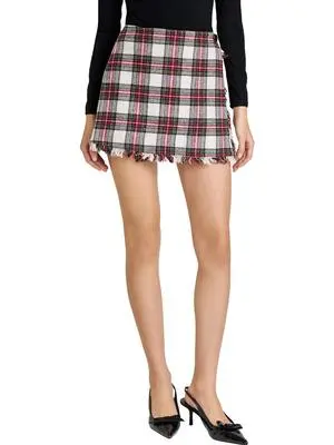 WAYF Plaid Fringe Trim Mini Wrap Skirt - Ivory Plaid
